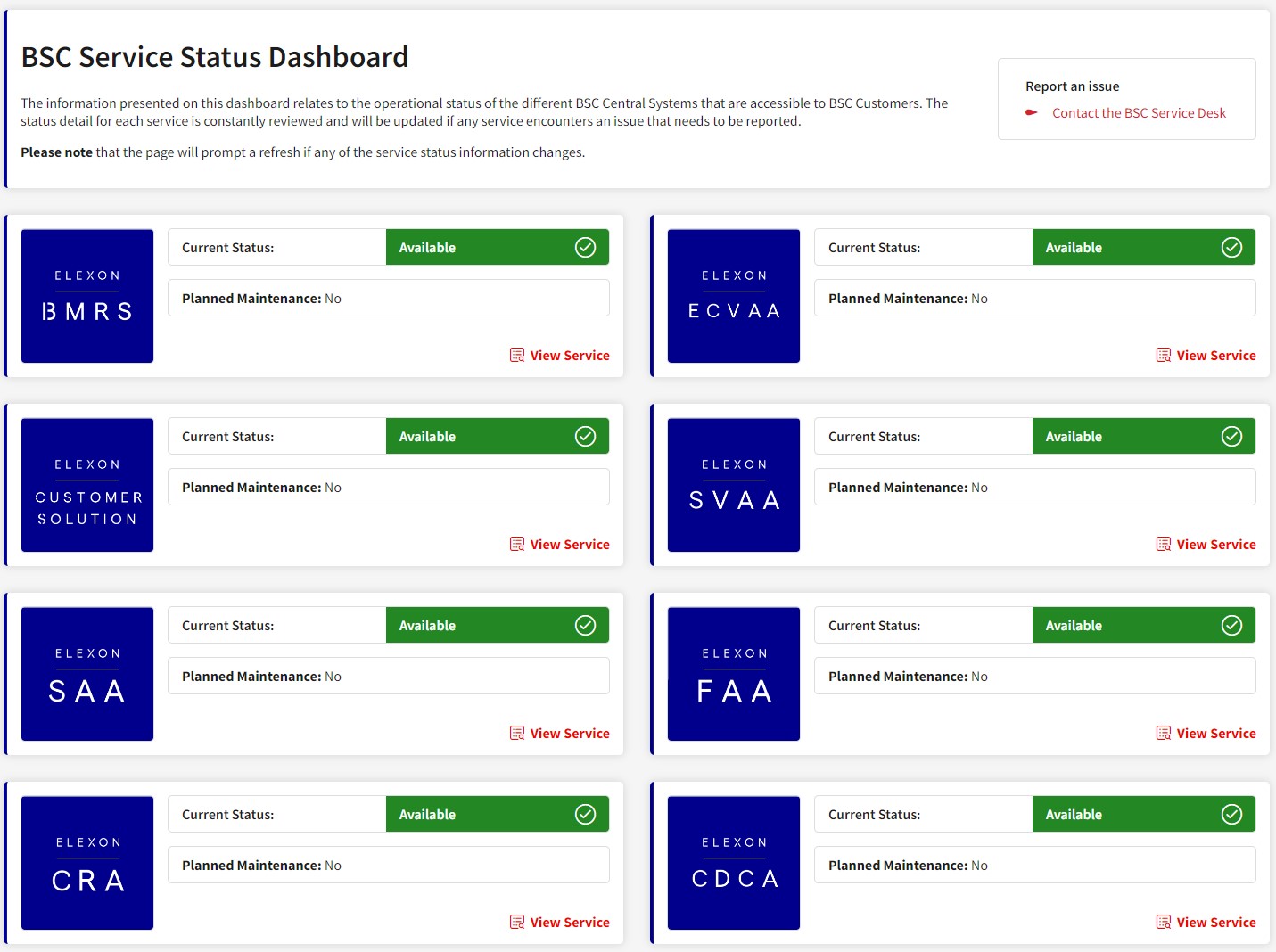 New BSC Service Status Dashboard - Elexon BSC